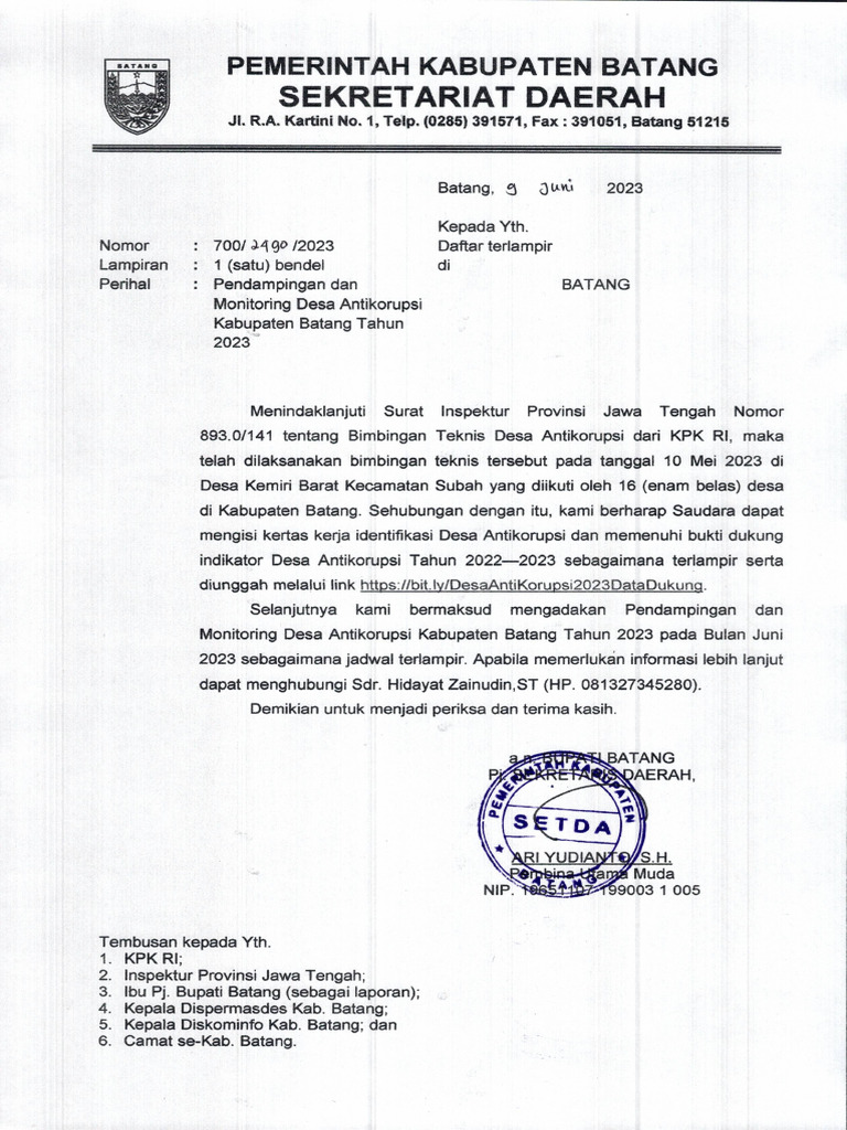 Surat Pendampingan Dan Monitoring Desa Anti Korupsi 2023 | PDF