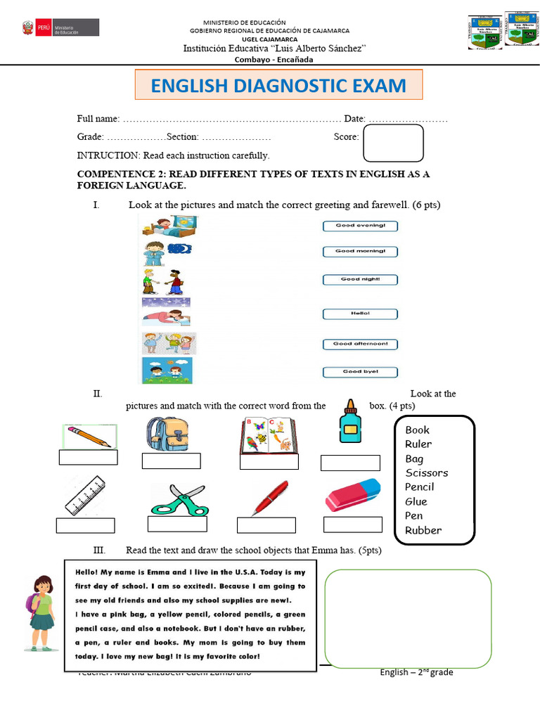 English Exam - Segundo Grado | PDF