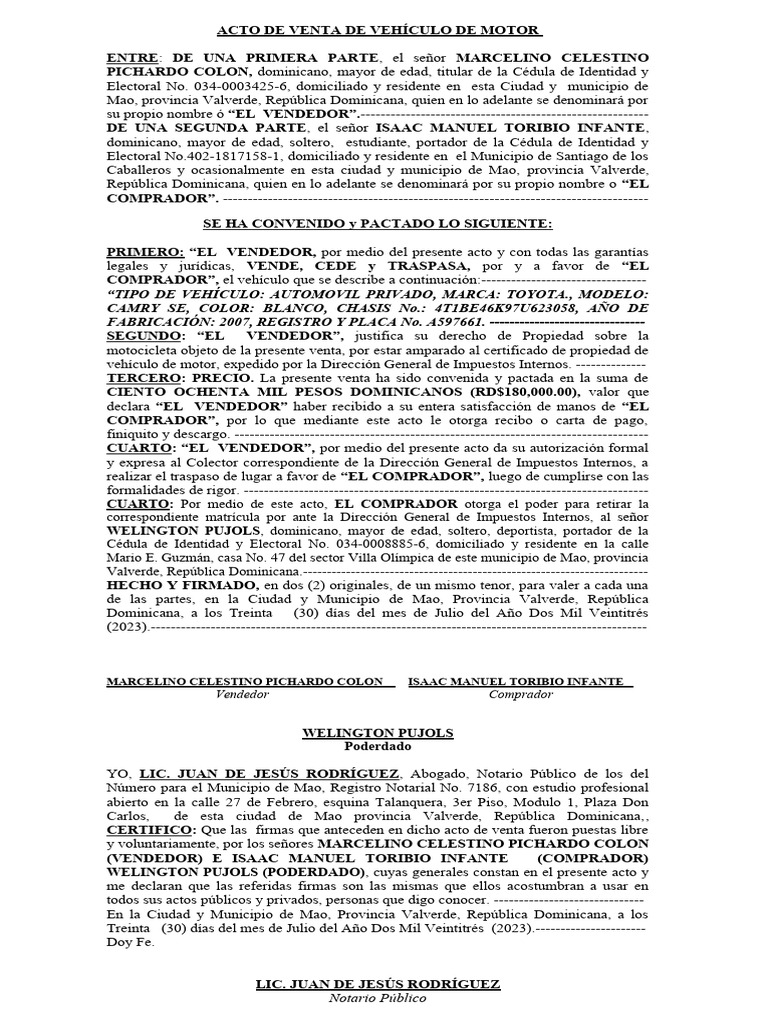 Acto de Venta Vehiculo Caso Isaac | PDF | República Dominicana | Documento de identidad