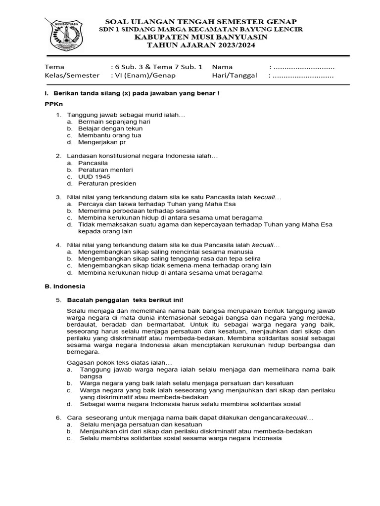 Soal PTS Kelas 6 Tema 6 Sub 3 Dan Tema 7 Sub 1 | PDF