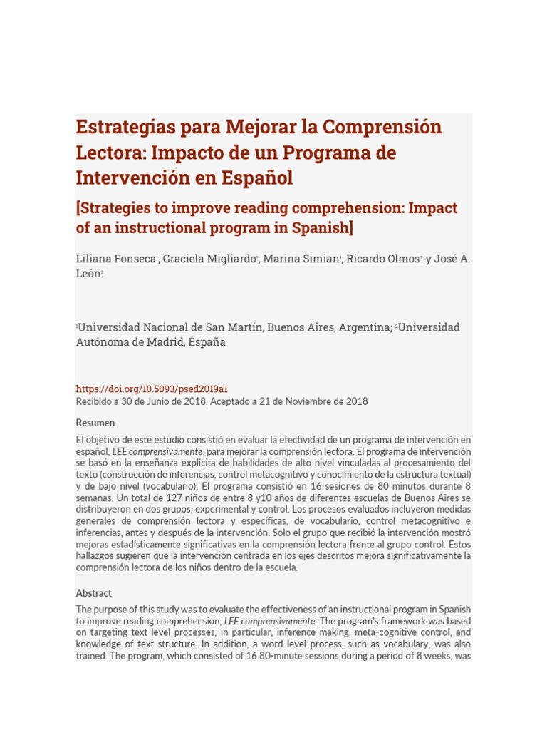 Mejora de Comprensión Lectora en Español | PDF | Comprensión lectora ...