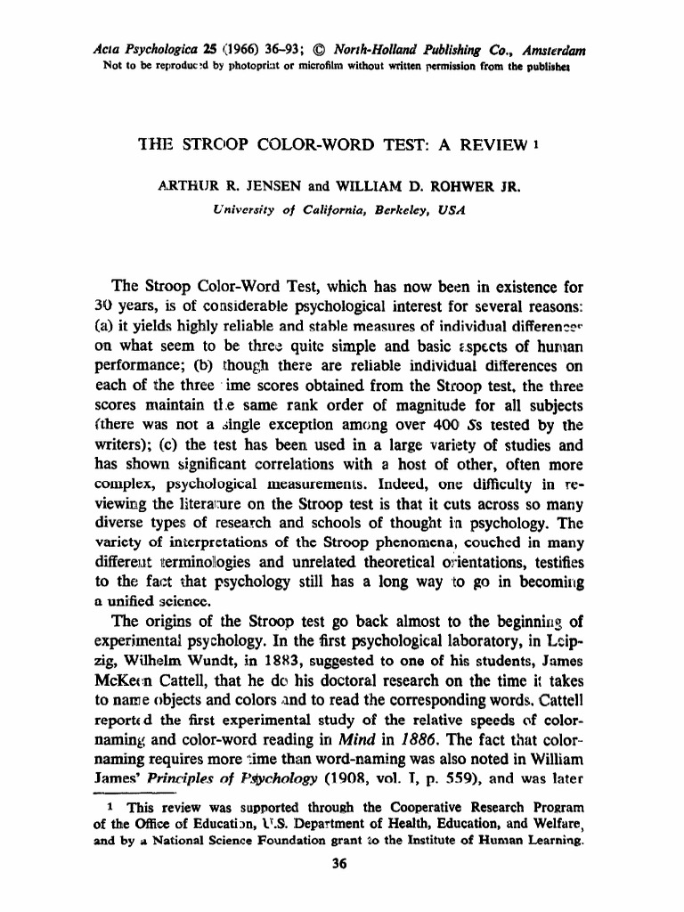 The Stroop Color Word Test A Review 1966 by Arthur Robert Jensen ...