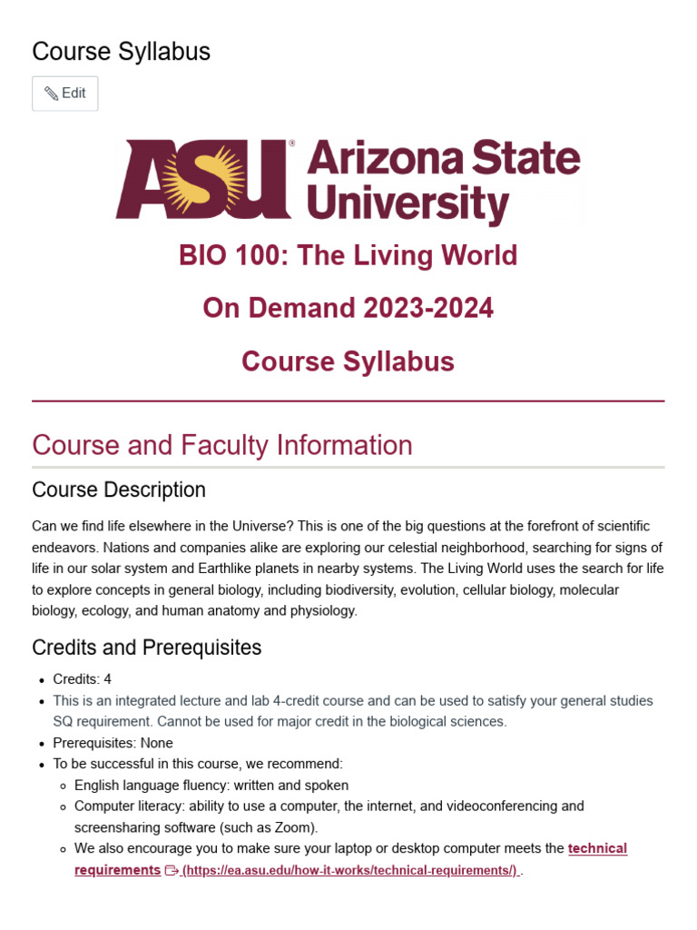 Syllabus For BIO 100 - The Living World (On-Demand) | PDF | Genetics ...
