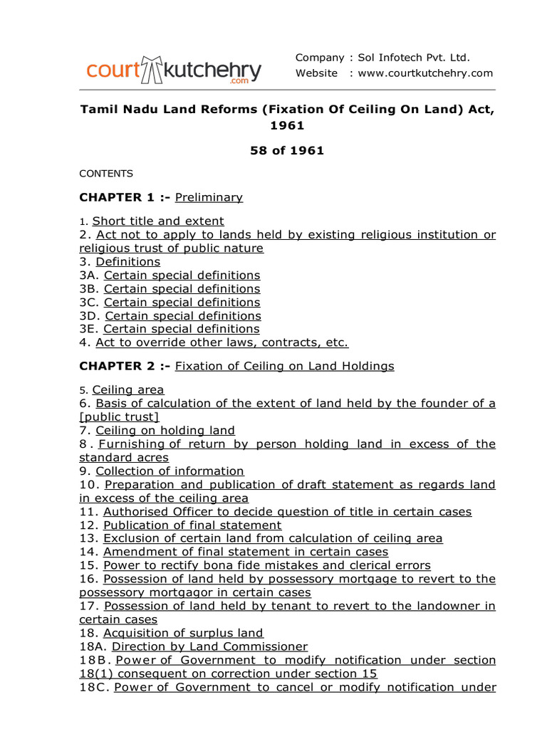 Tamil Nadu Land Ceiling Act 1961 Overview | PDF | Leasehold Estate ...