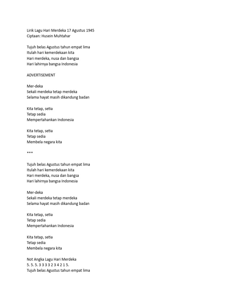 Lirik Lagu Hari Merdeka 17 Agustus 1945 | PDF