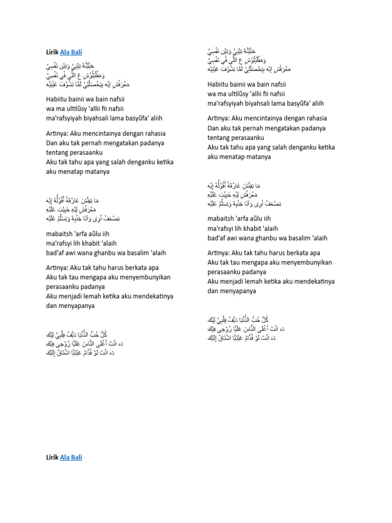 Lirik dan Arti Lagu Ala Bali | PDF | Seni & Disiplin Bahasa