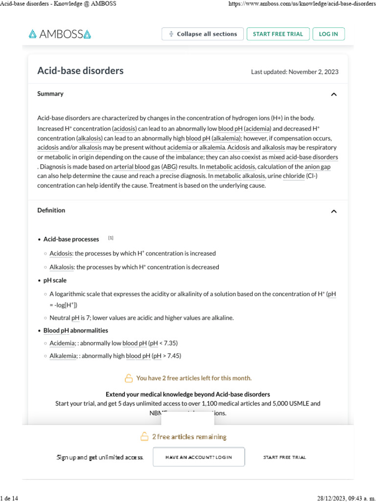 Acid-Base Disorders - Knowledge at AMBOSS | PDF | Physiology | Clinical Medicine
