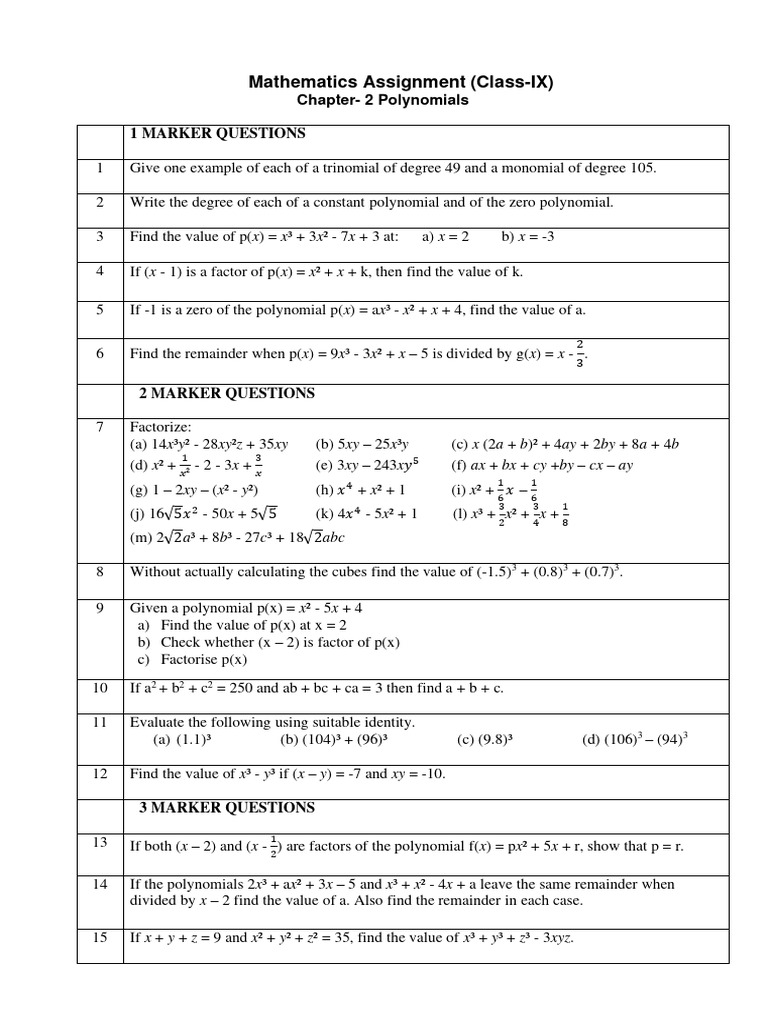 Class Ix CH 2 Polynomials 2019 20 - 1595608427582 | PDF | Factorization | Mathematics Of Computing