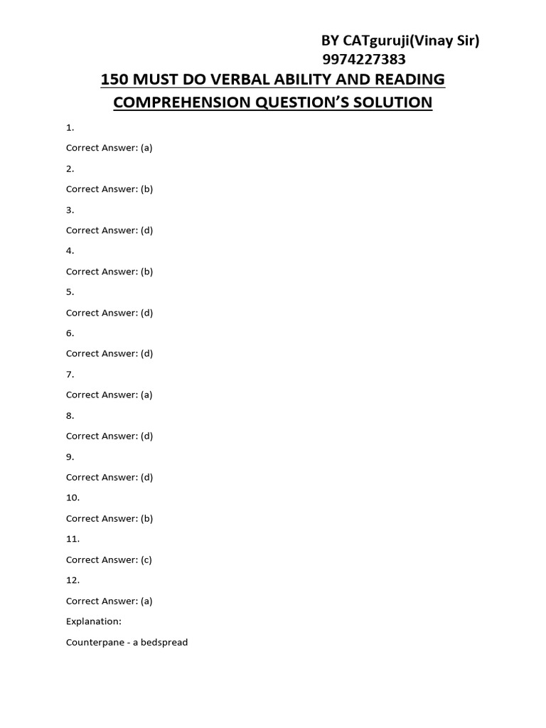 150 Must Do Questions in VARC For CAT-Solution | PDF | Negotiation | Analytics