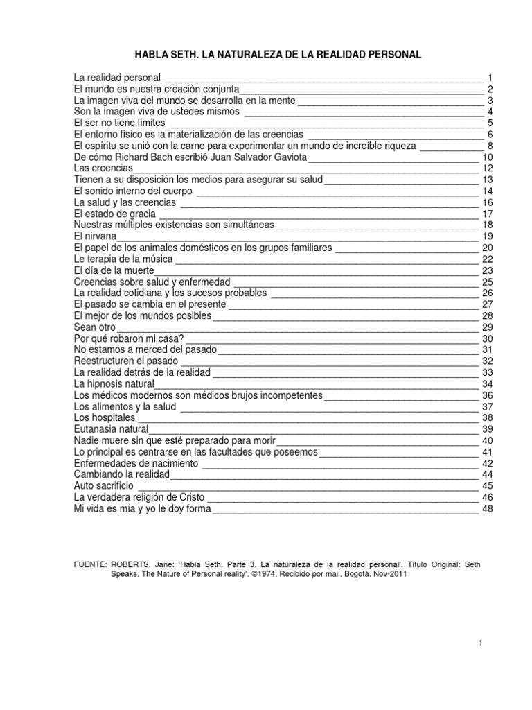 Roberts, Jane - Habla Seth. La Naturaleza de La Realidad Personal (Extractos) | PDF ...