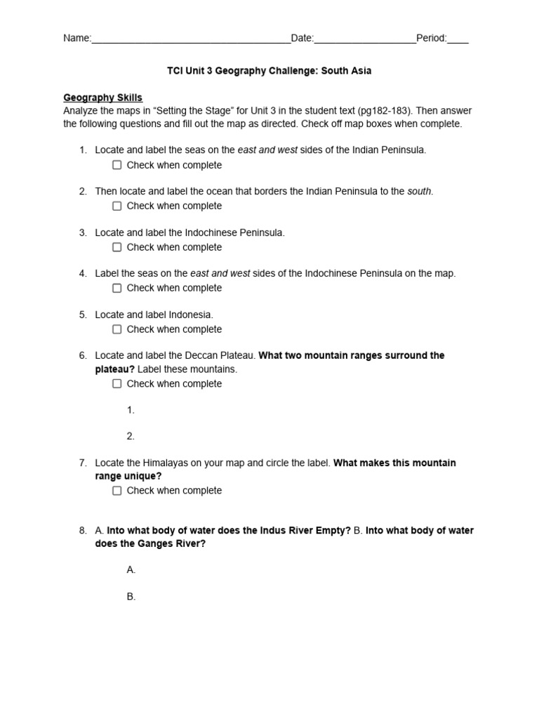 South Asia Geography Challenge | PDF | Travel