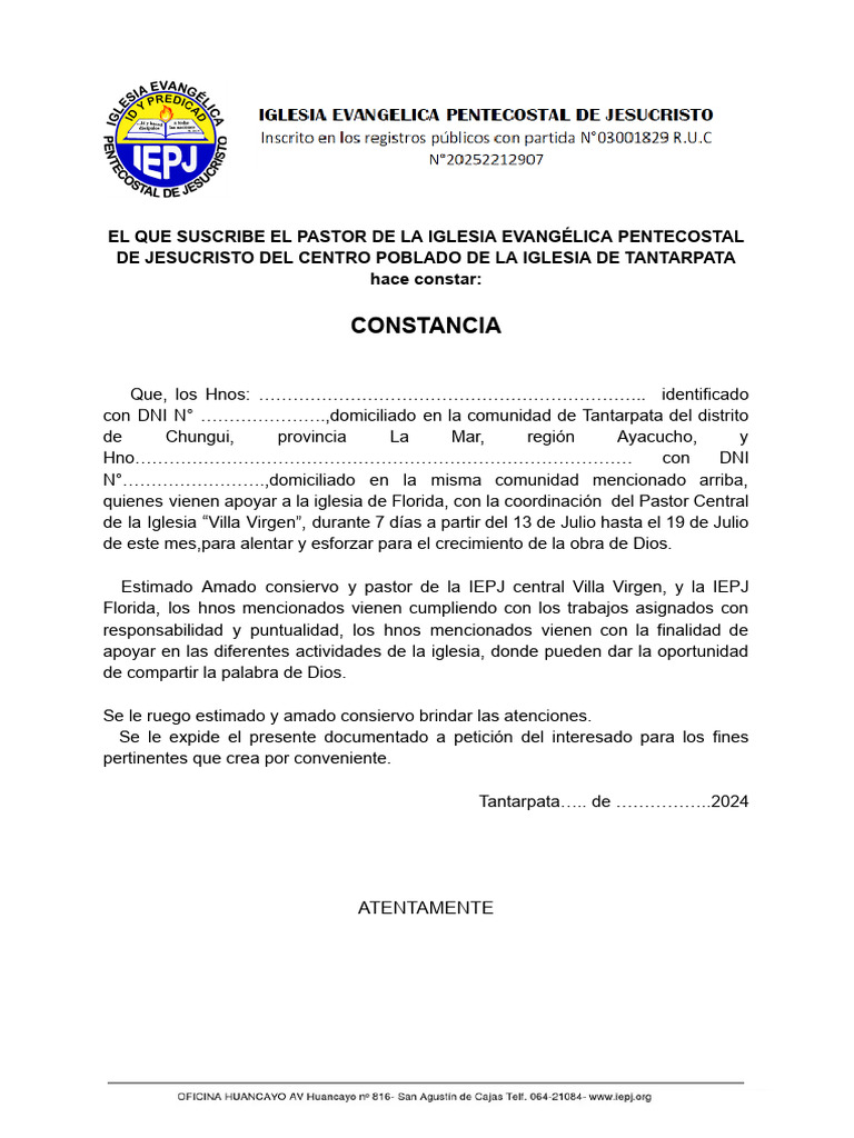 Constancia de Miembros IEPJ Tantarpata | PDF