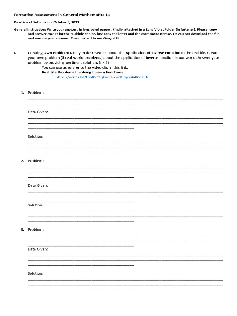Formative Assessment in General Mathematics 11 | PDF | Function (Mathematics) | Mathematical ...