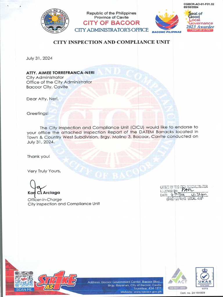 From Cicu Endorsment of Detailed Inspection Report of The Datem ...