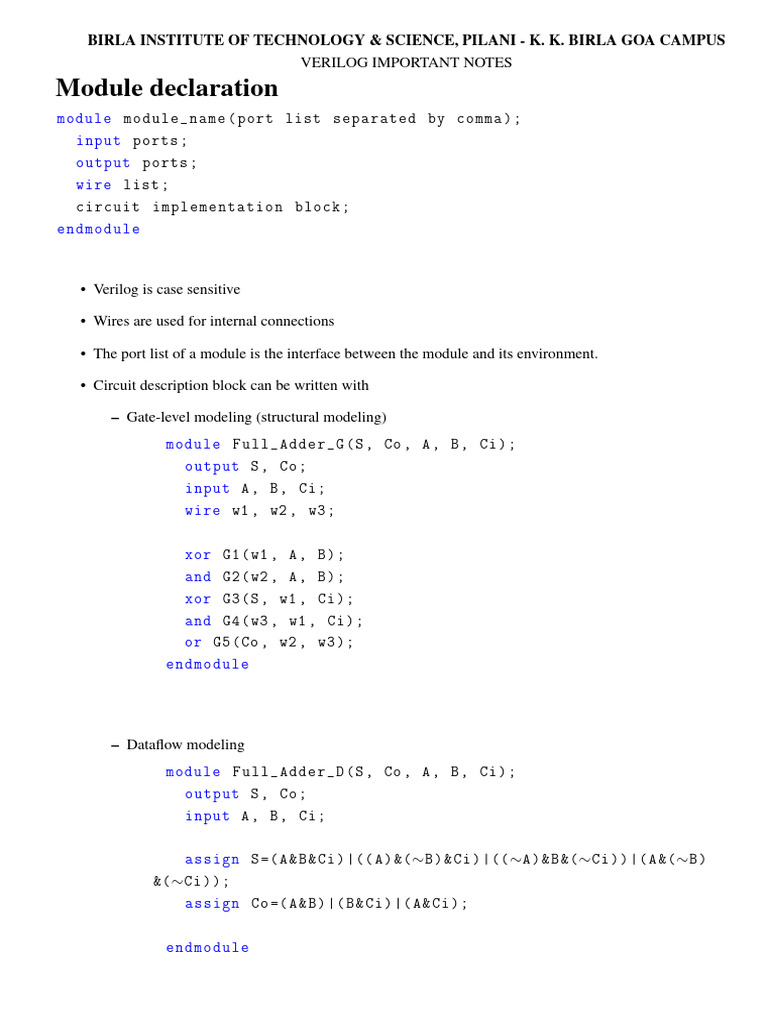 Verilog Notes | PDF | Logic Gate | Hardware Description Language Verilog Notes | PDF | Logic Gate | Hardware Description Language