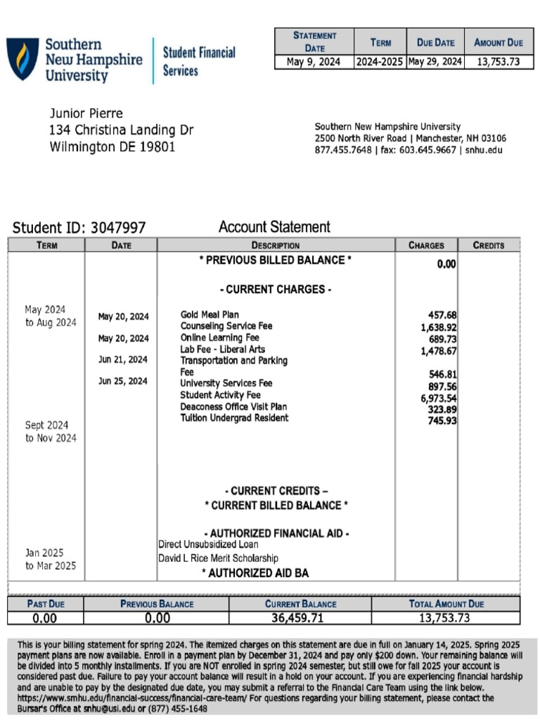 Junior Pierre SNHU Full Semester Invoice | PDF