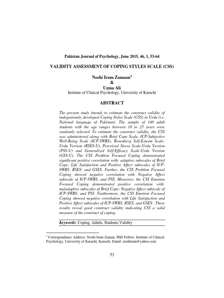 5-Validity Assessment of Coping Styles | PDF | Self Esteem | Validity (Statistics)