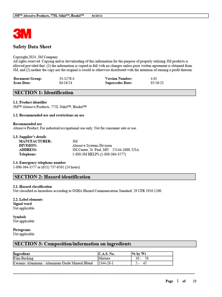 Safety Data Sheet: 3M™ Abrasive Products, 775L Stikit™, Hookit™ | PDF ...