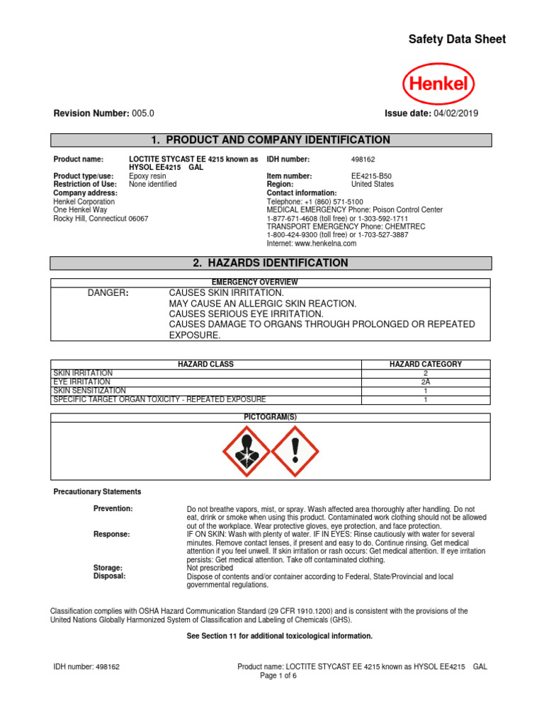SDS Ee4215 Resin | PDF | Occupational Safety And Health | Safety