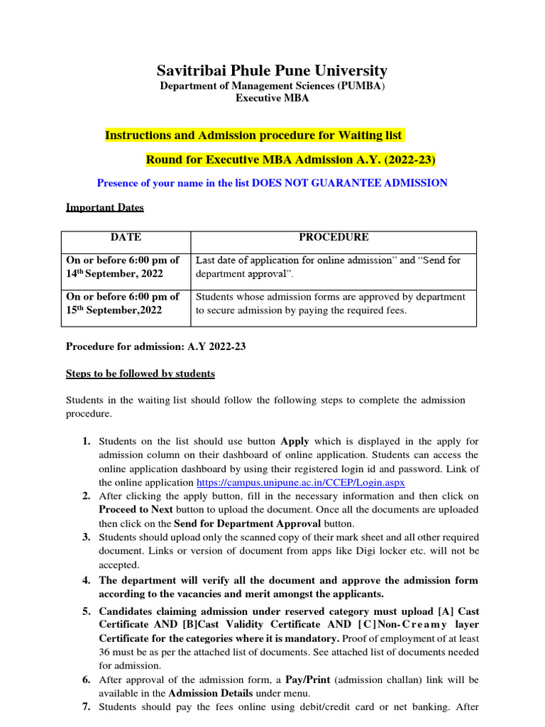 Waiting List Instructions and Admission Procedure For Waiting List ...