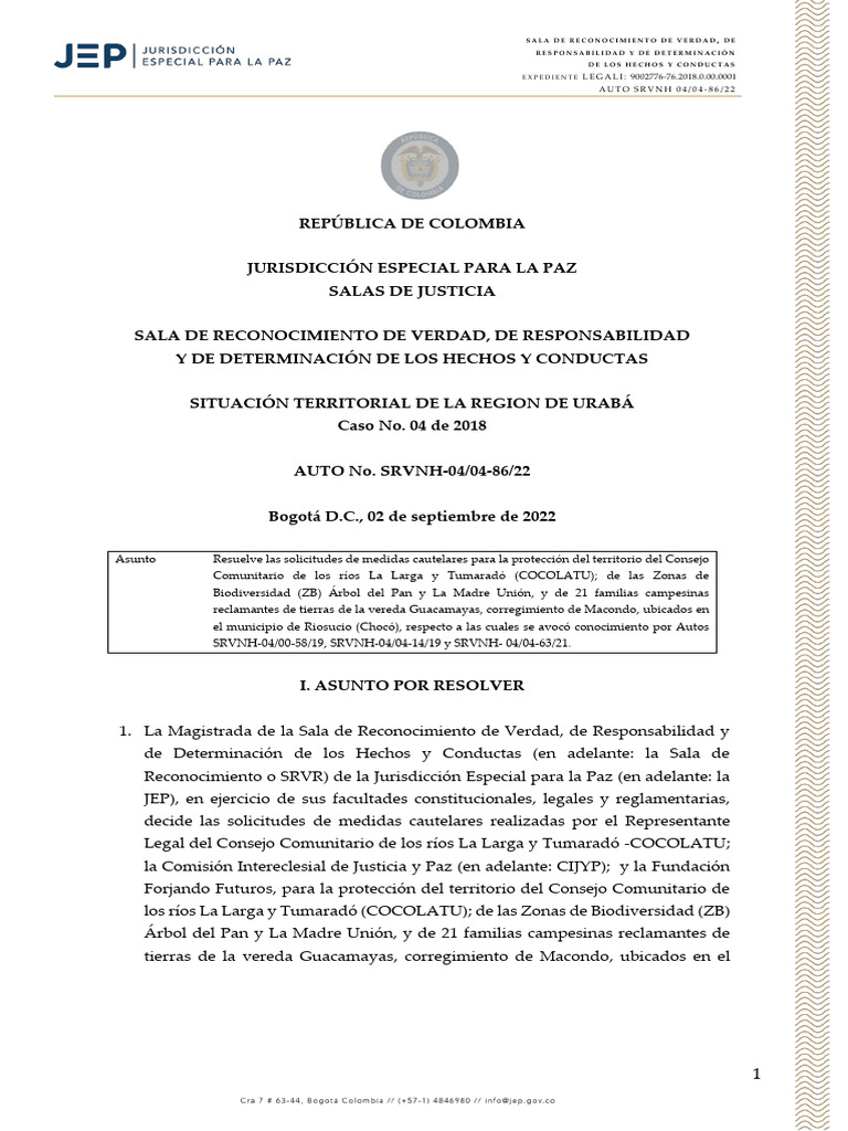Medidas cautelares en Urabá, Chocó | PDF | Mandato | Justicia