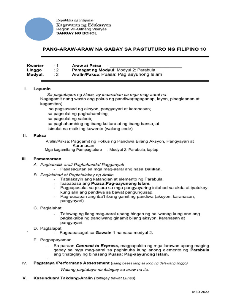 Daily Lesson Guide Sa Filipino 10 Q1 - WK2 - Day1 - Modyul2 | PDF