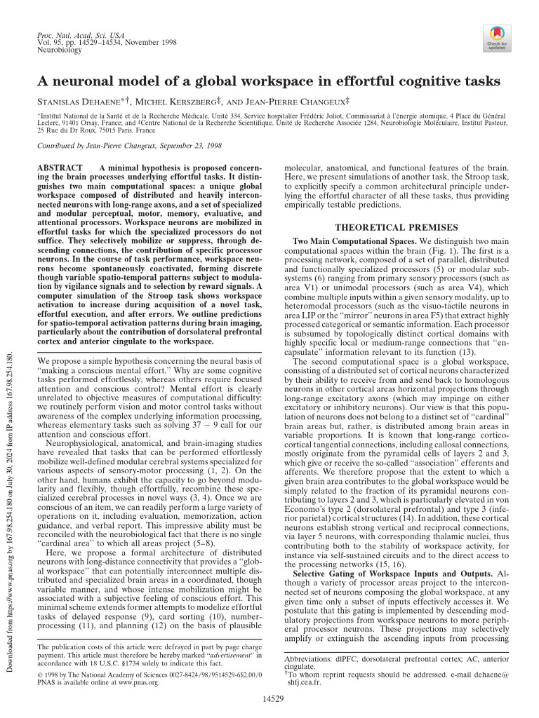 Dehaene Et Al 1998 A Neuronal Model of A Global Workspace in Effortful ...