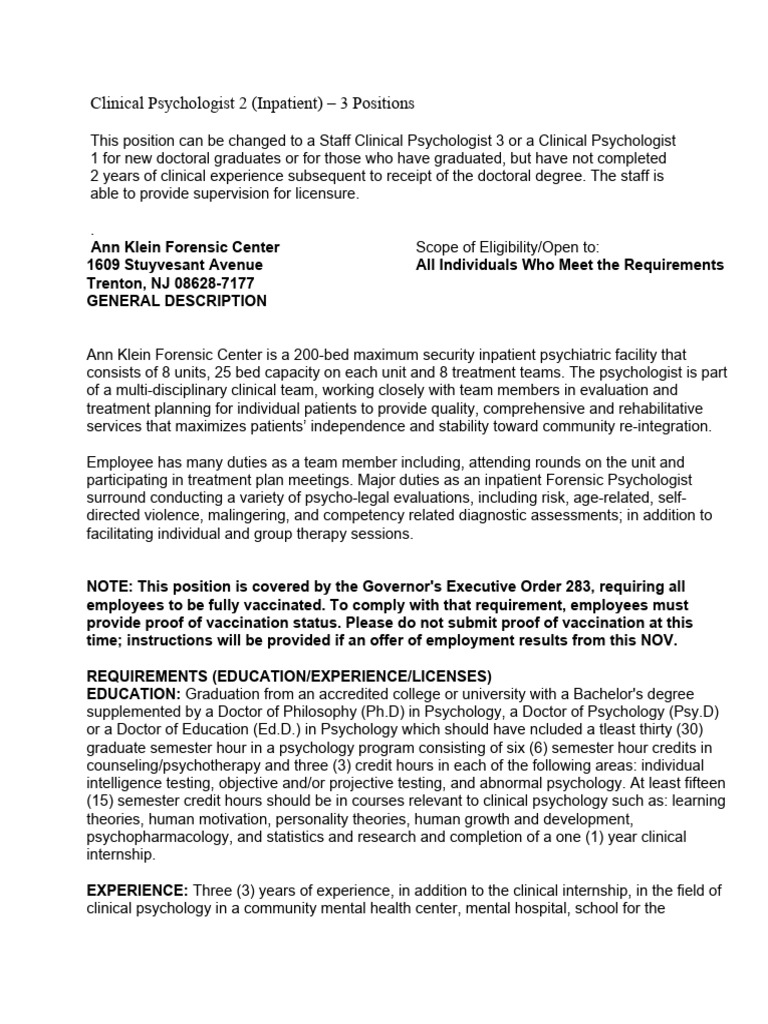 Clinical Psychologist 2 Position Description | PDF | Psychologist ...
