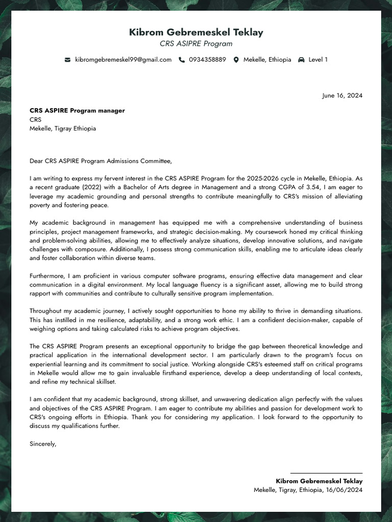 Cover letter-Kibrom-Gebremeskel-Teklay-Cover-2024 | PDF | Cognition | Learning