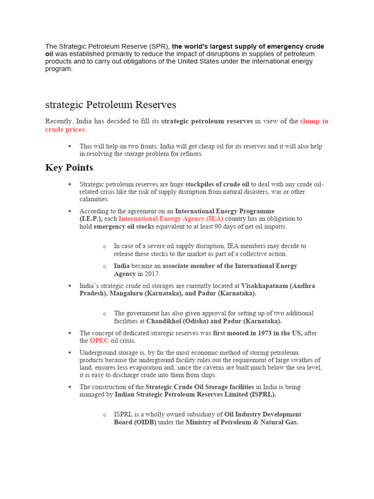 Strategic Petroleum REserves India | PDF | Petroleum | Petroleum Industry