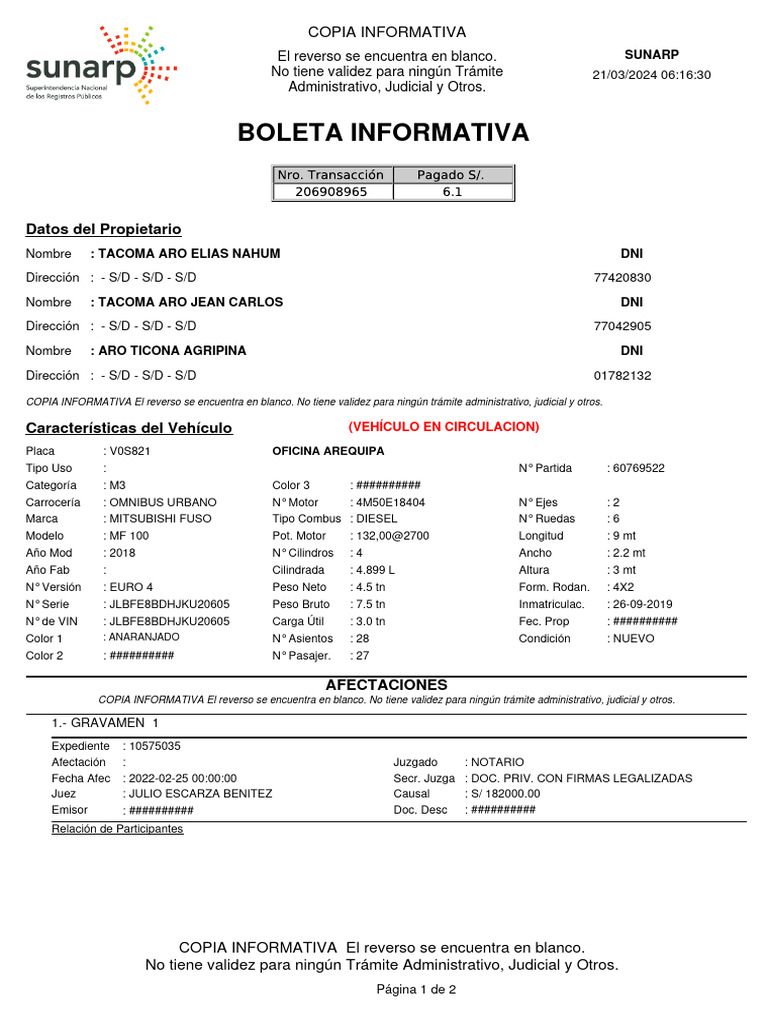 Boleta Informativa de Vehículo SUNARP | PDF | Vehículo de motor ...
