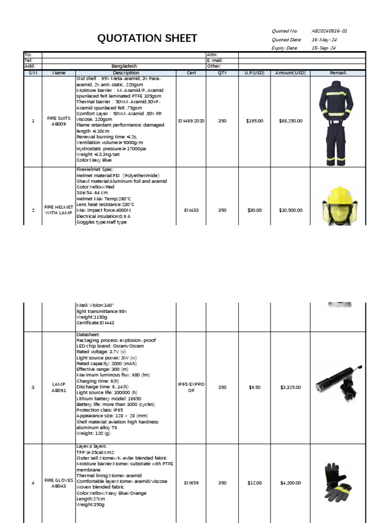 Quotation About Fire Suits | PDF | Thermal Insulation | Materials