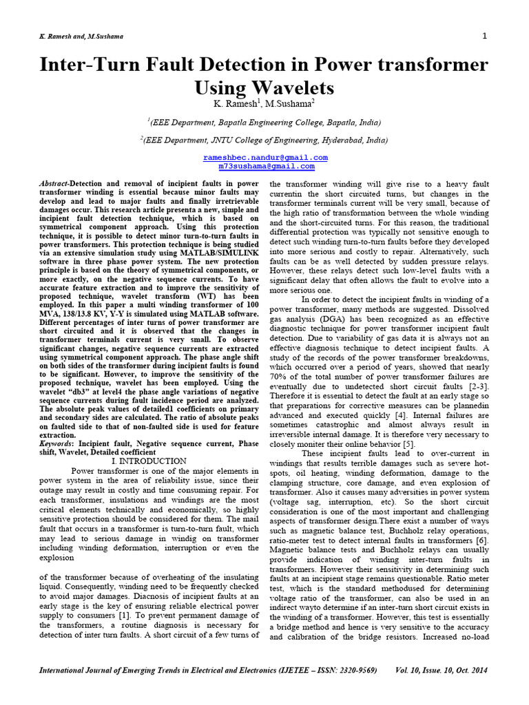 Inter Turn Fault Detection In Power Transformer Using Wavelets Pdf Wavelet Transformer