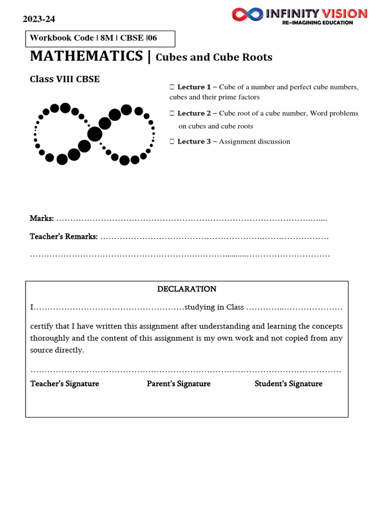 Workbook Class 8 Cube and Cube Roots | PDF | Volume | Discrete Mathematics