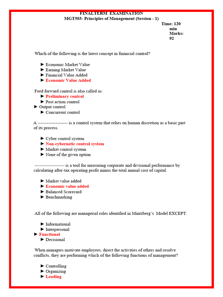 MGT503 Final Exam MCQs Overview | PDF | Strategic Management | Leadership