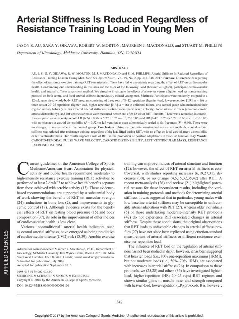 Arterial Stiffness Is Reduced Regardless of Resistance Training Load in ...