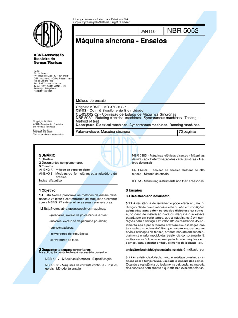 NBR 5052 - Maquina Sincrona - Ensaios | PDF | Resistência elétrica e condutividade | Rede elétrica