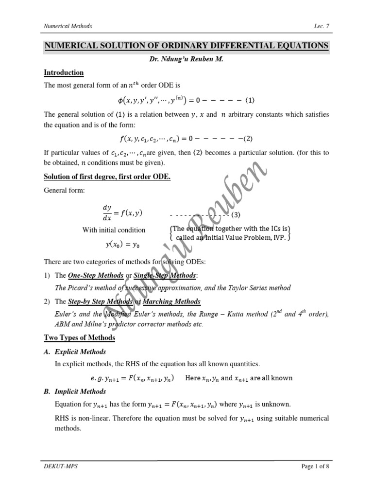 SMA 3261 - Lecture 7 - Numerical ODEs | PDF | Ordinary Differential Equation | Algorithms