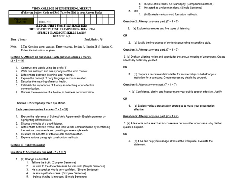 Soft Skills Exam Paper July 2024 | PDF | Communication | Human ...