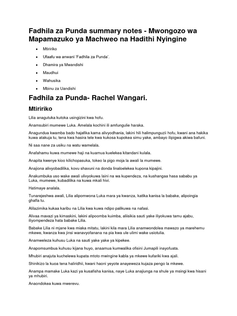 Fadhila Za Punda Summary Notes Mwongozo Wa Mapamazuko Ya Machweo | PDF