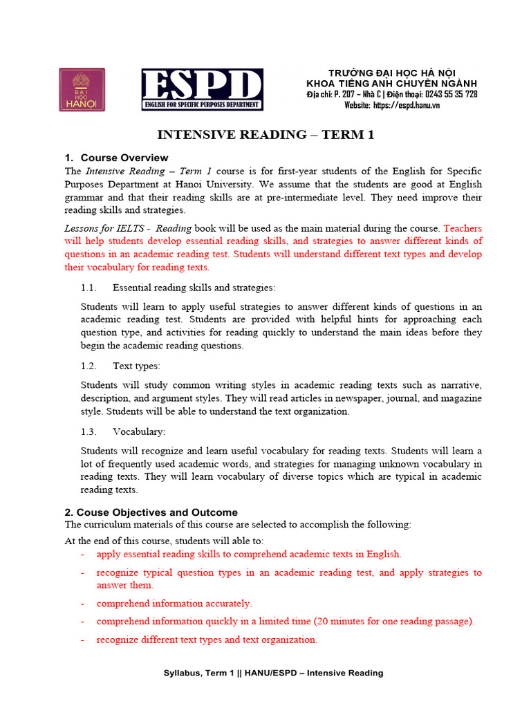 2021-2022 Intensive Reading Syllabus (IELTS) Term 1 | PDF | International English Language ...