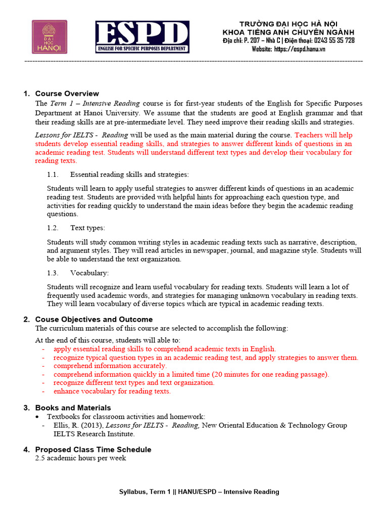 2020-2021 Intensive Reading (IELTS Reading) Syllabus Term 1 | PDF | Vocabulary | Teachers