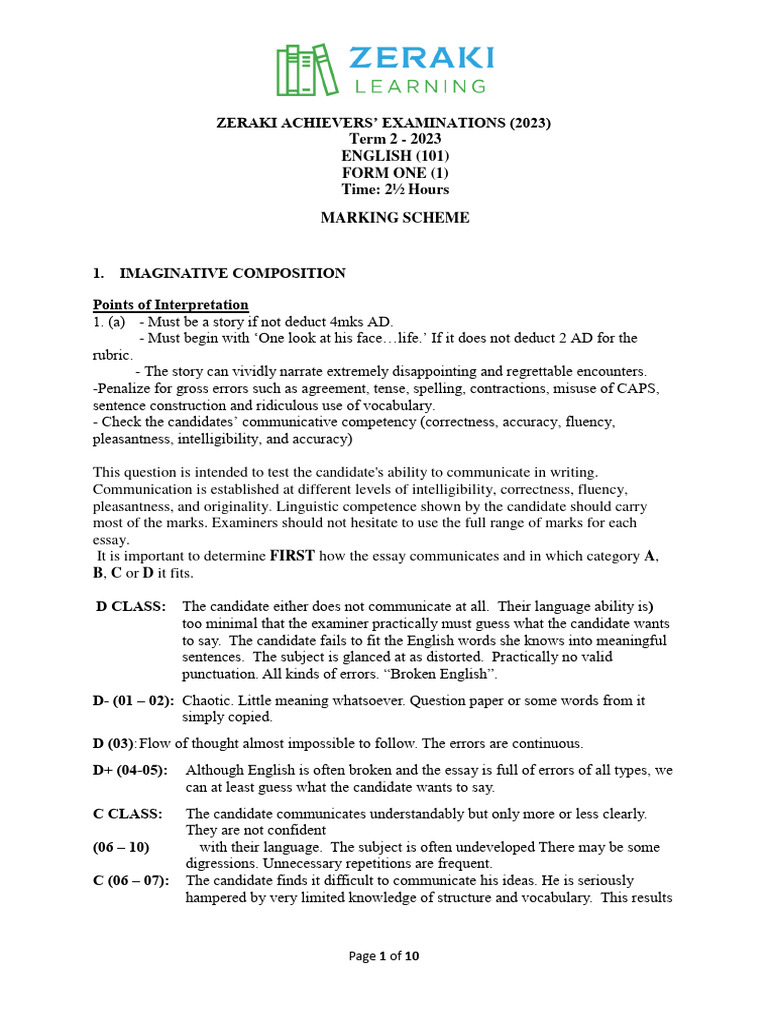 English Form 1 - Marking Scheme | PDF | Storytelling | Narrative