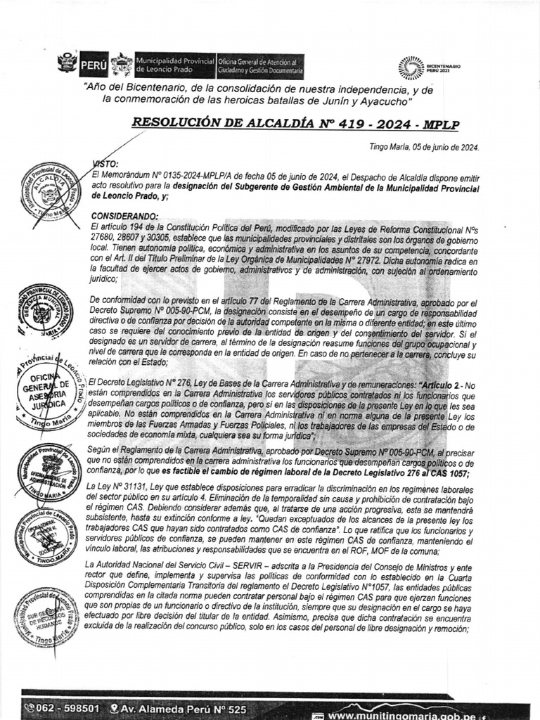 Resolución Alcaldia #0419 2024 MPLP | PDF