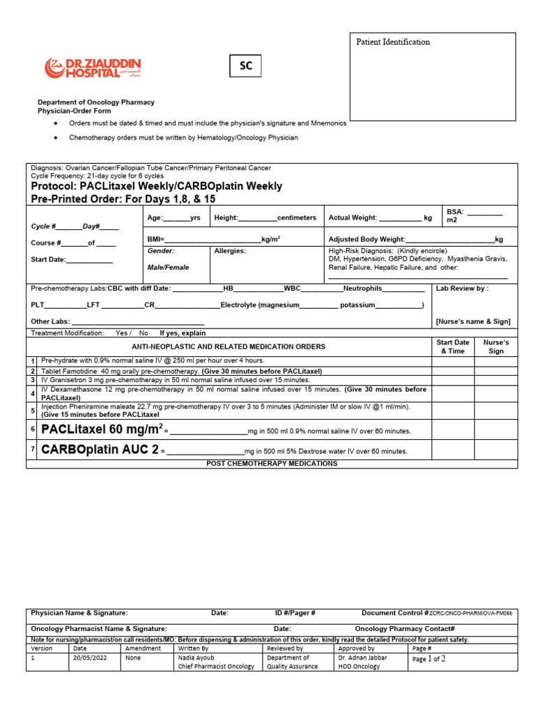 Ovarian Cancer Chemotherapy Order Form | PDF | Pharmacy | Pharmacist