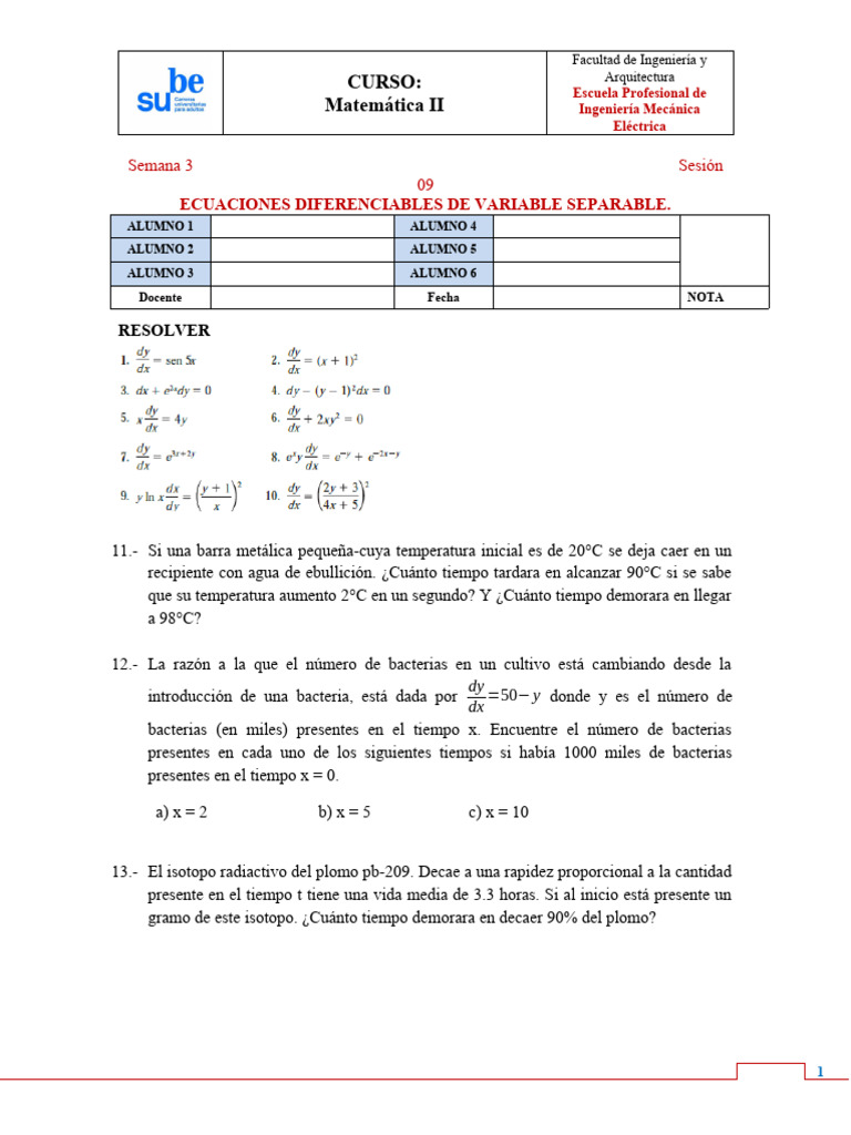 S9 - 2 Resolver Ejercicios Ecuaciones Diferenciales de Variable Separable | PDF