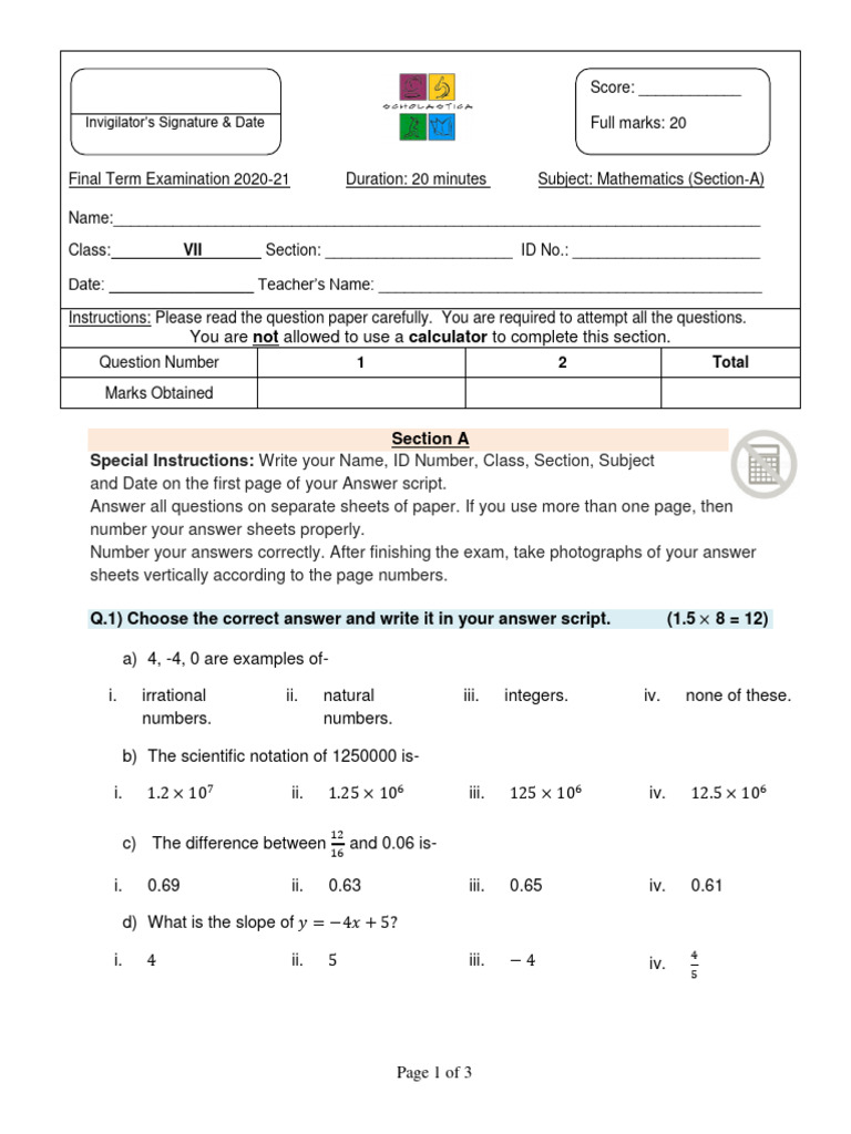 Class VII Maths Final Term QP 2020-21section A | PDF | Mathematics