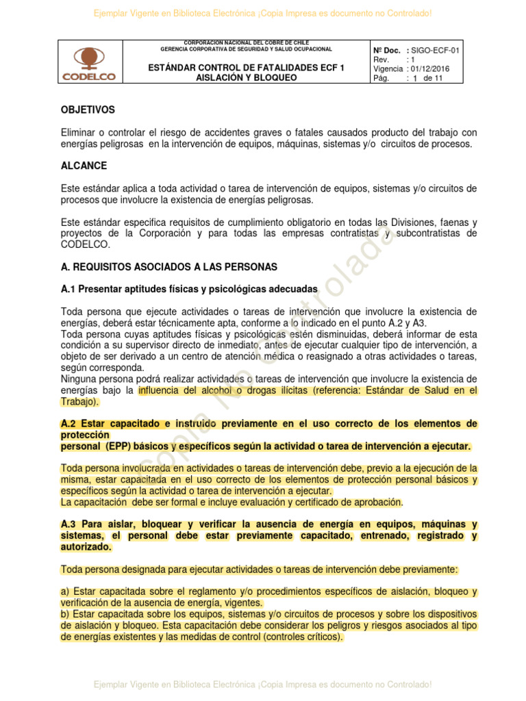 ESTANDAR CONTROL DE FATALIDADES ECF 1 AISLACION Y BLOQUEO Rev01 | PDF ...