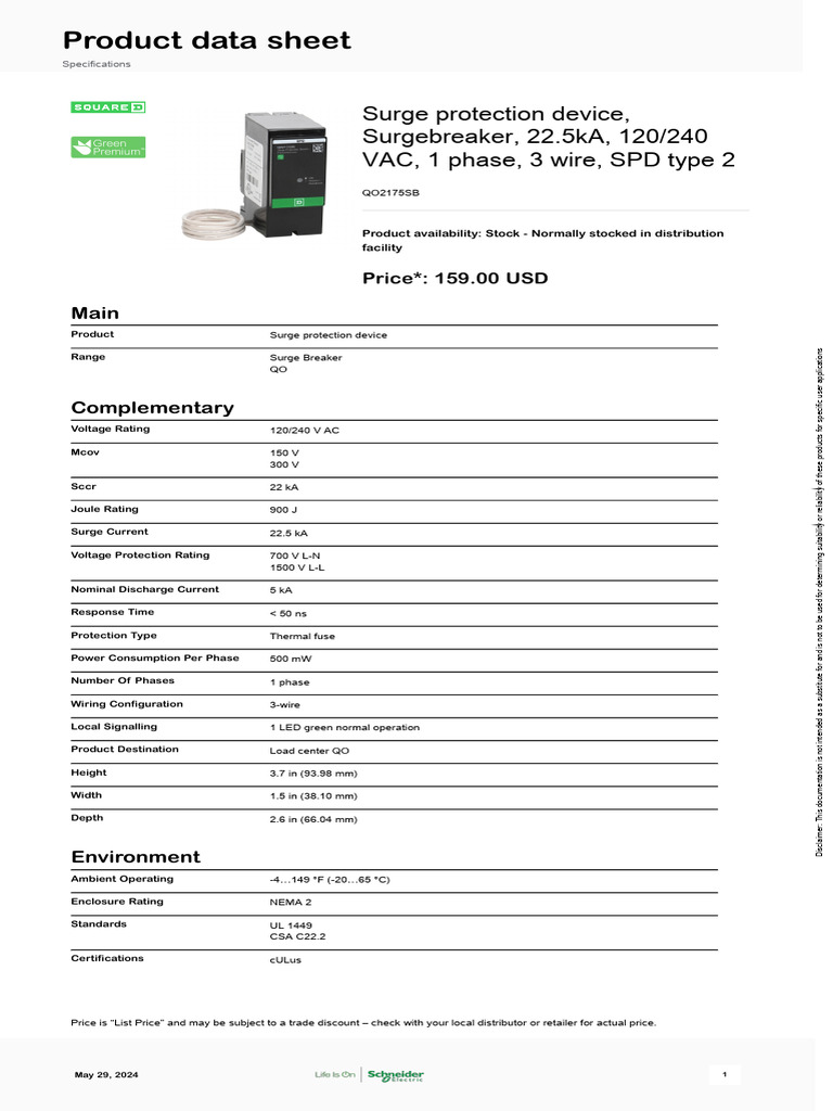 Schneider Electric - QO2175SB-Surgebreaker-Surge-Protective-Device-SPD ...