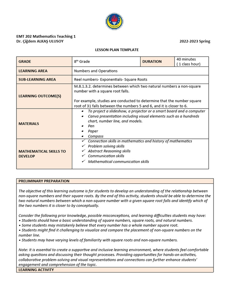 EMT 202 - Lesson Plan Template (Square Roots) | PDF | Numbers | Square Root